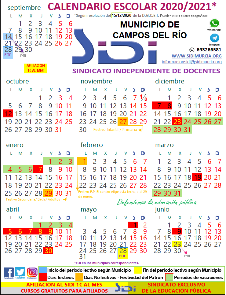 Calendarios escolares de la Región de Murcia para docentes CURSO 2020/ ...